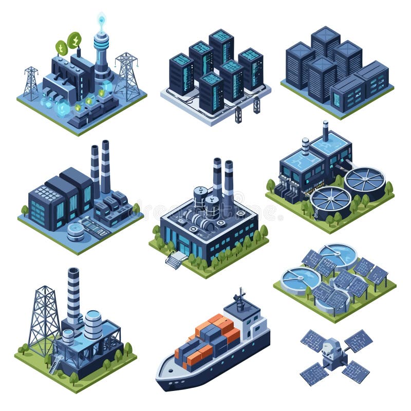 Vector Art of Isometric View of Various Industrial Facilities Including Power Plants, Data ...