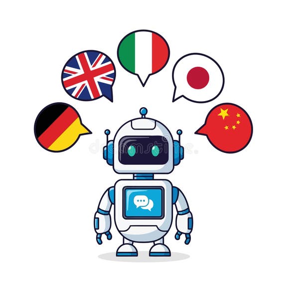 Vector Art of Multilingual Robot Surrounded by Flags of Different Countries, , Symbolizing ...