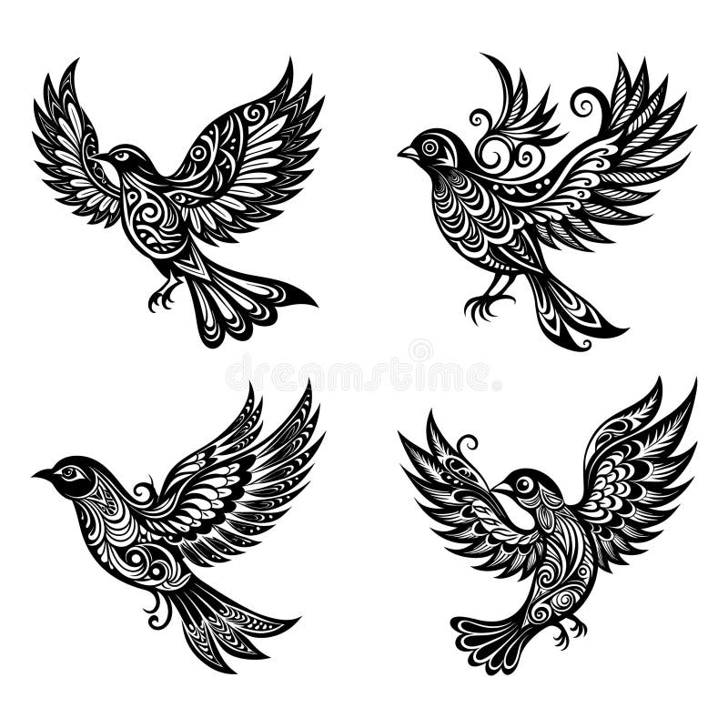 Four Ornate Flying Bird Silhouettes Vector Art: Decorative Bird Designs ...