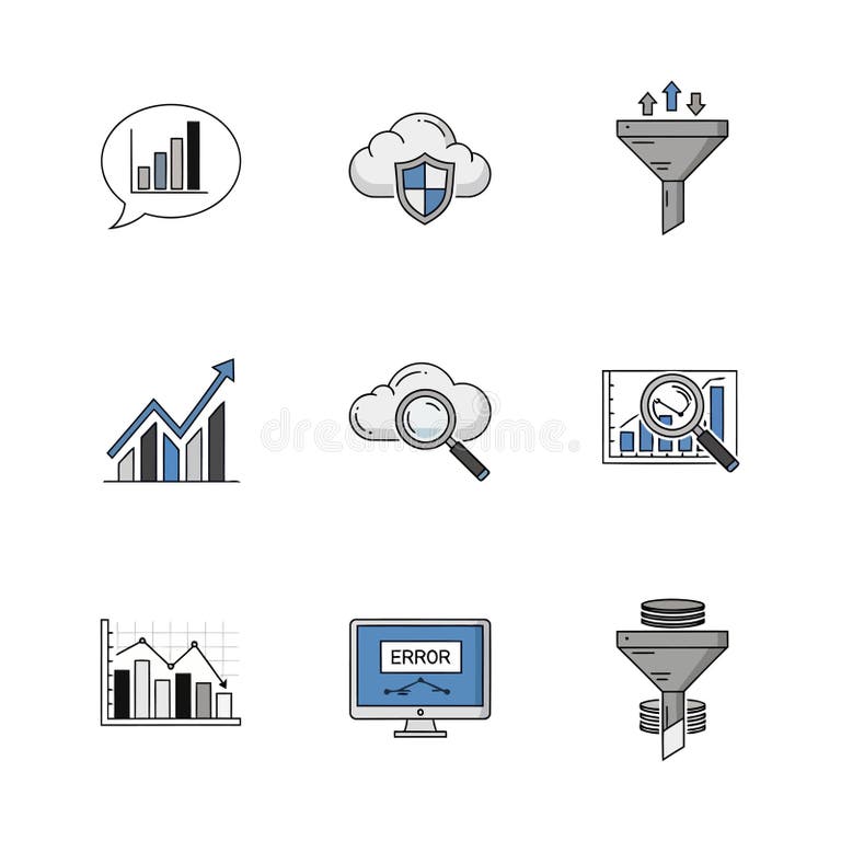 Vector Art of a Set of Data Analysis and Cloud Computing Icons, Representing Various Aspects of ...