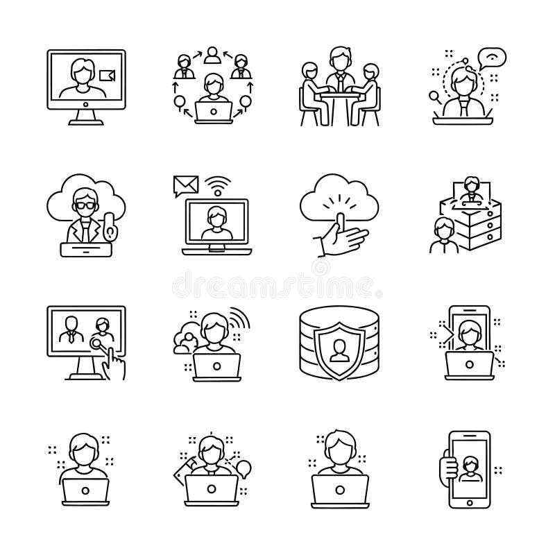 Vector Art of Set of Linear Icons Representing Remote Work and Online Communication Stock Vector ...