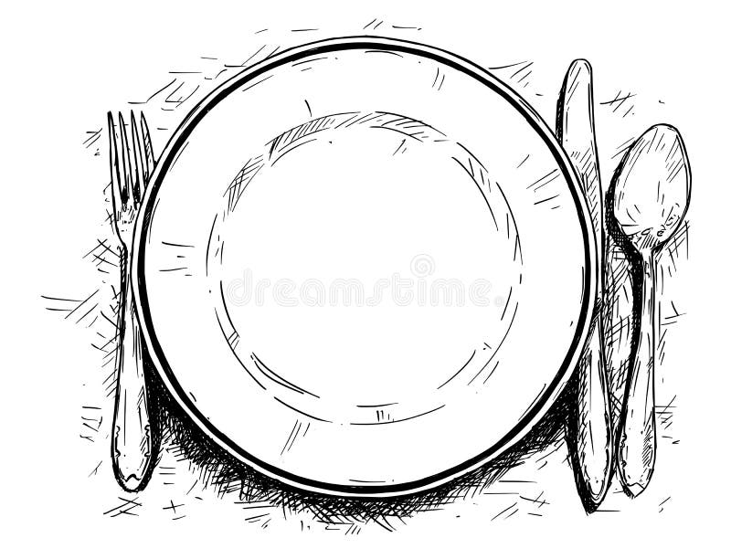 Vector Artistic Illustration or Drawing of Empty Plate, Knife and Fork ...