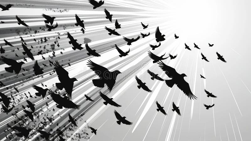 Vector Artwork of Abstract Flock of Birds in Minimalist Black and White ...