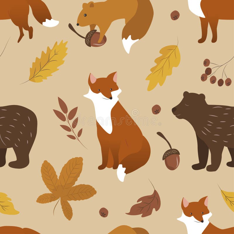 Autumn Seamless Pattern in Flat Style with Different Cute Animals - Fox ...