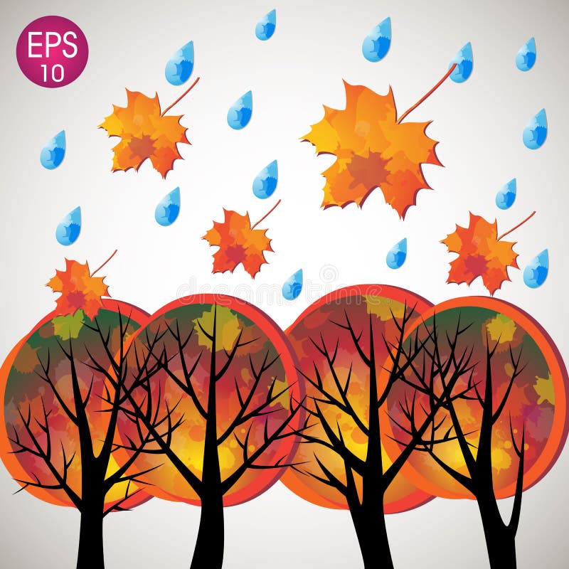 Vector Autumn Trees with Falling Leaves and Water Drops Stock Vector ...