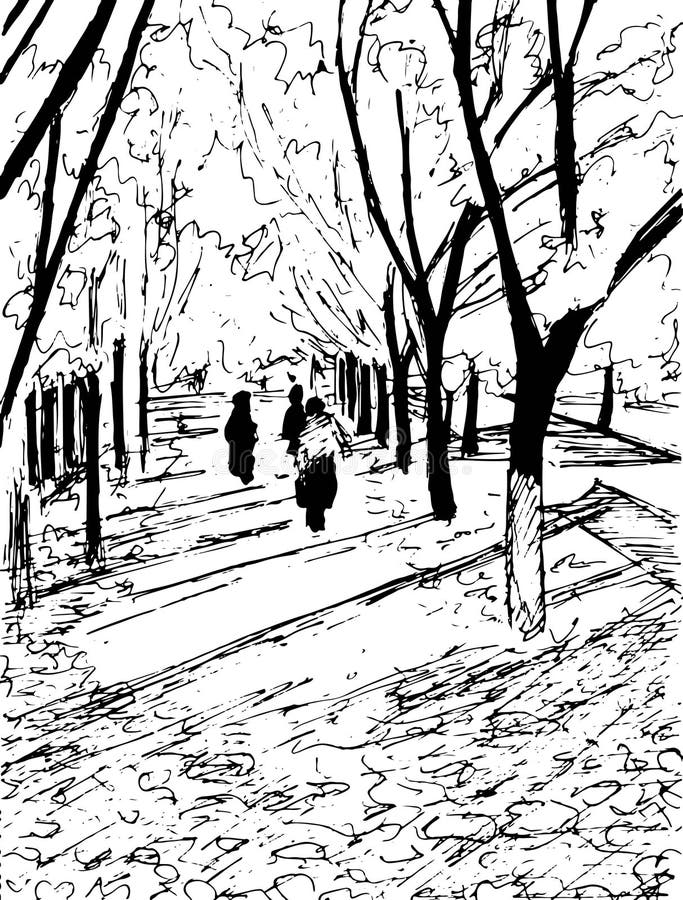 Vector Autumn Trees with Long Shadows and People Walking by Stock ...