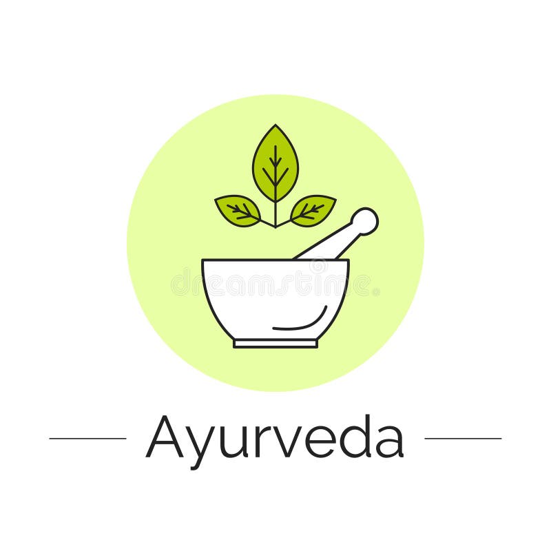 Vector Ayurveda Logotype Template with Isolated Linear Leaves, Mortar ...