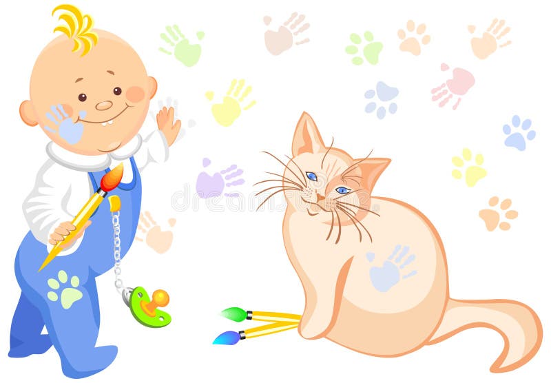 Vector Baby Boy and a Cat Drawing Stock Vector - Illustration of baby ...
