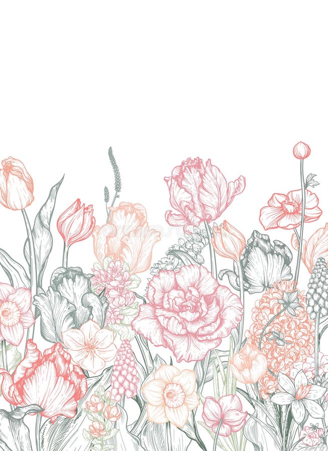 Vector Background with Beautiful Spring Flowers in Sketch Style. Stock ...