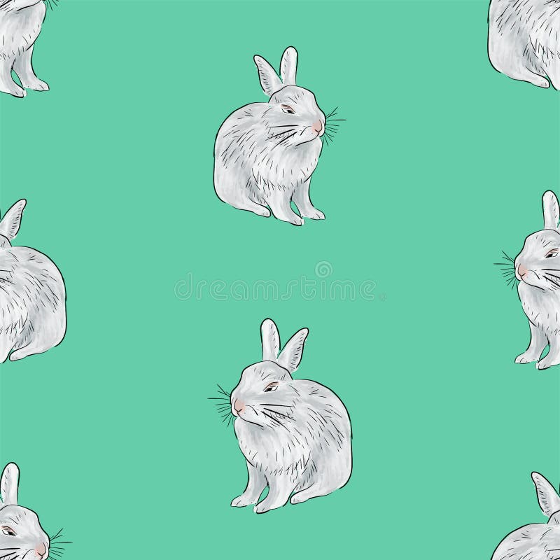 Seamless Pattern of Drawn White Domestic Rabbit Sitting Stock Vector ...