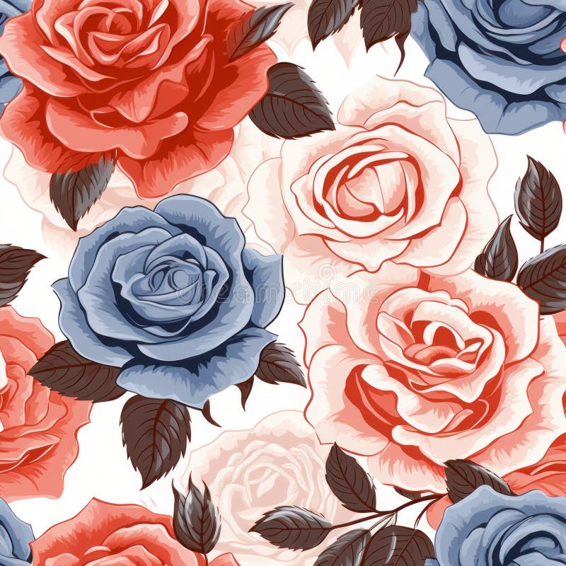 Retro Garden Rose Seamless Pattern with Red Roses and Blue Leaves Stock ...