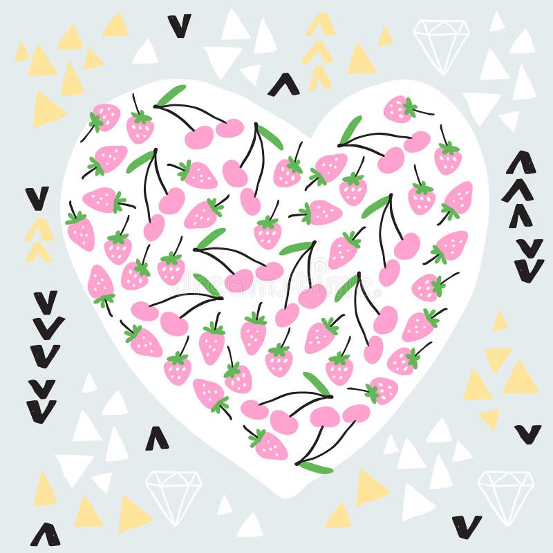 Vector Background with Hand Drawn Berries in Heart. Stock Vector ...