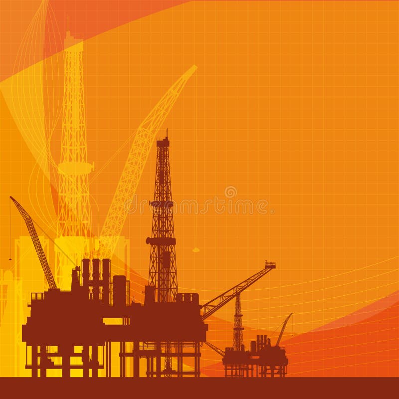 Illustration of Oil Platform on Sea and Sunset in Background. Vector ...