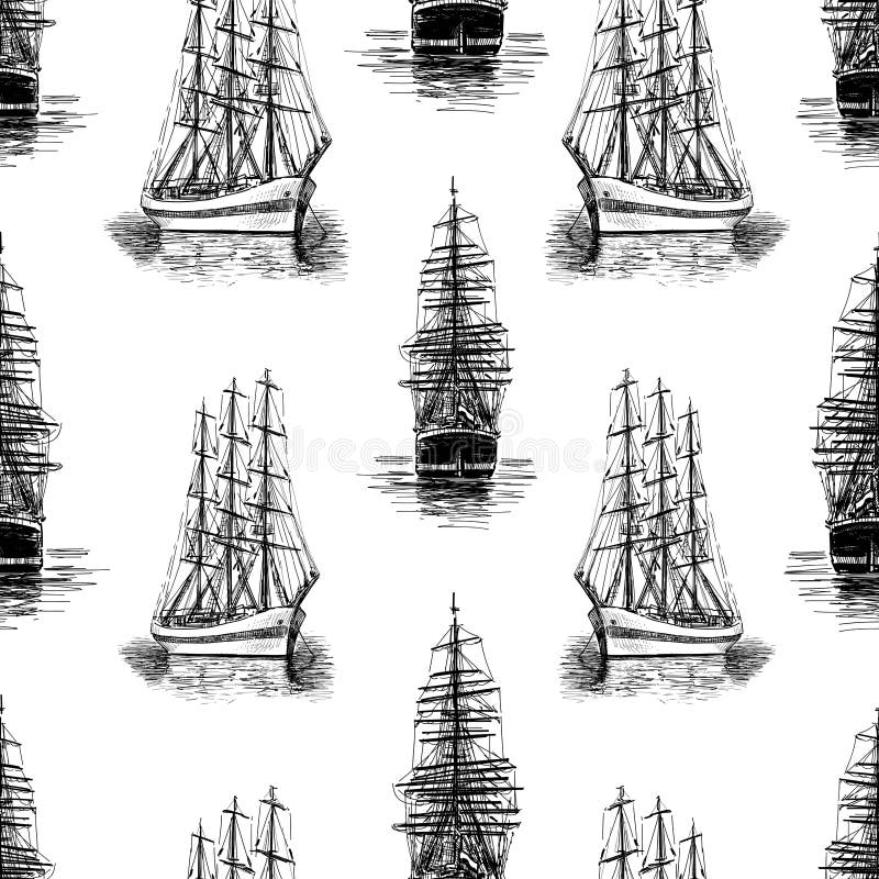 Pattern of Sketches of Sailing Ships Stock Vector - Illustration of ...