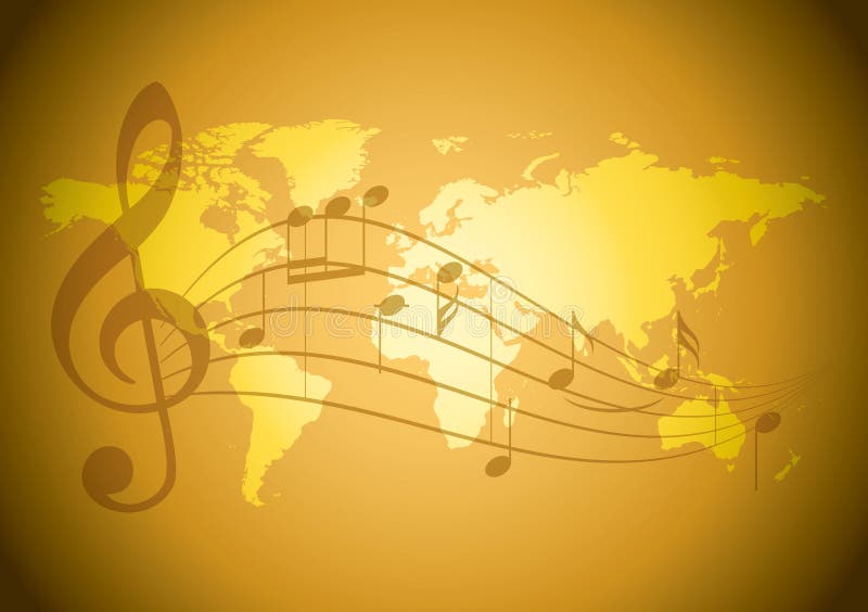 Vector Background with Wavy Music Notes and Yellow World Map - Golden ...
