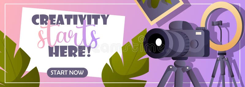 Vector Banner with a Camera and Ring Light Stock Vector - Illustration ...