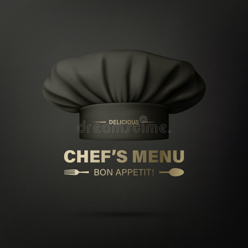 Vector Banner with 3d Realistic Black Chef Hat, Toque on Black ...