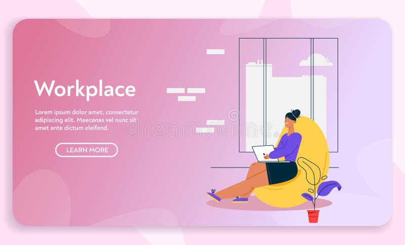 Vector Banner Illustration of Comfortable Workplace at Office Stock ...