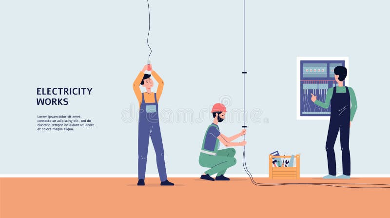 Vector Banner with Professional Electricians Workers Performing ... Vector Banner with Professional Electricians Workers Performing ...