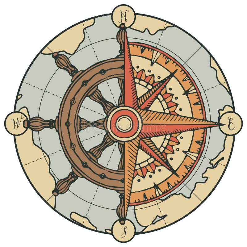 Vector Banner With Ship Helm, Wind Rose And Old Map Stock Vector ...