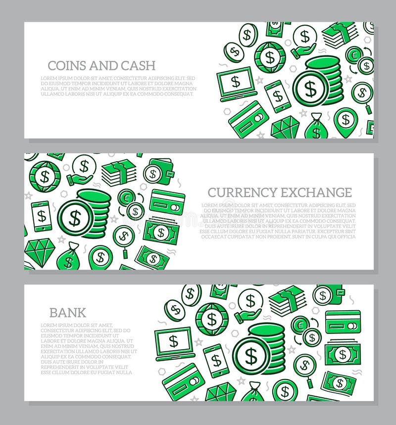 Set of Three Digital Money and Bank Horizontal Banners with Icon ...