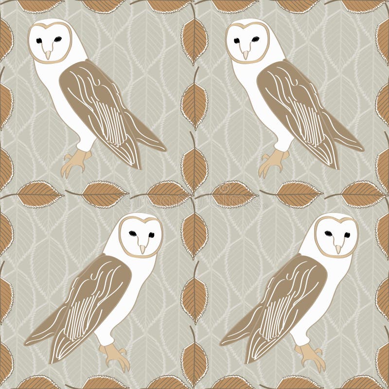 Vector Barn Owls in Brown Line Art on Blue Background Seamless Repeat ...