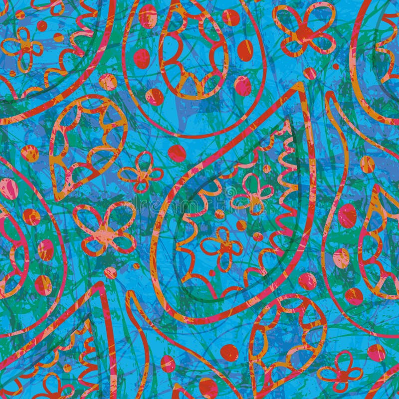 Vector Batik Paisley Seamless Pattern Background. Saturated Blue Orange ...