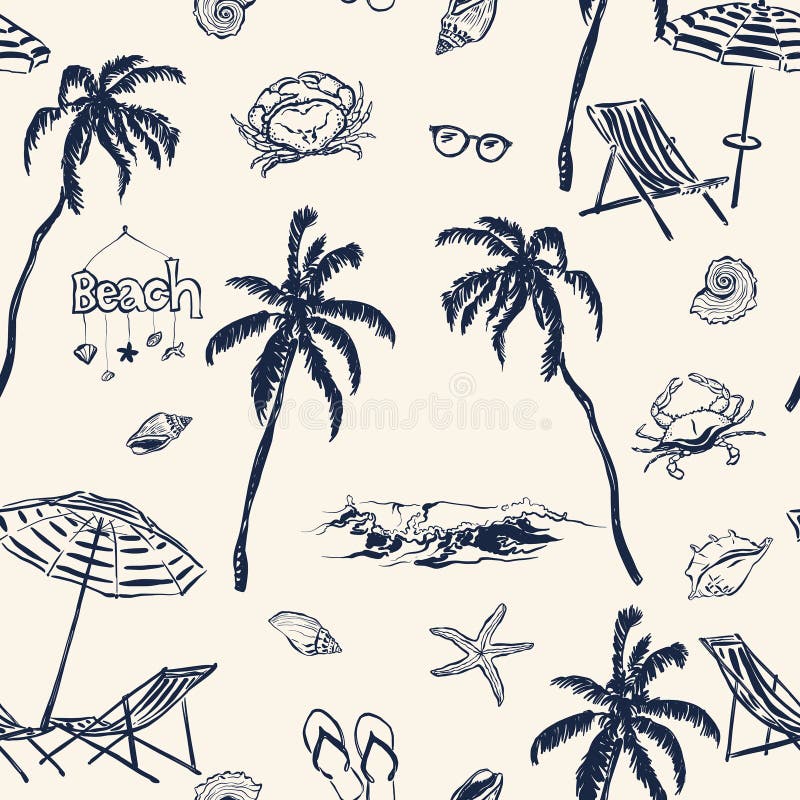 Vector Beach Accessories Seamless Pattern. Hand Painted Elements-palm ...