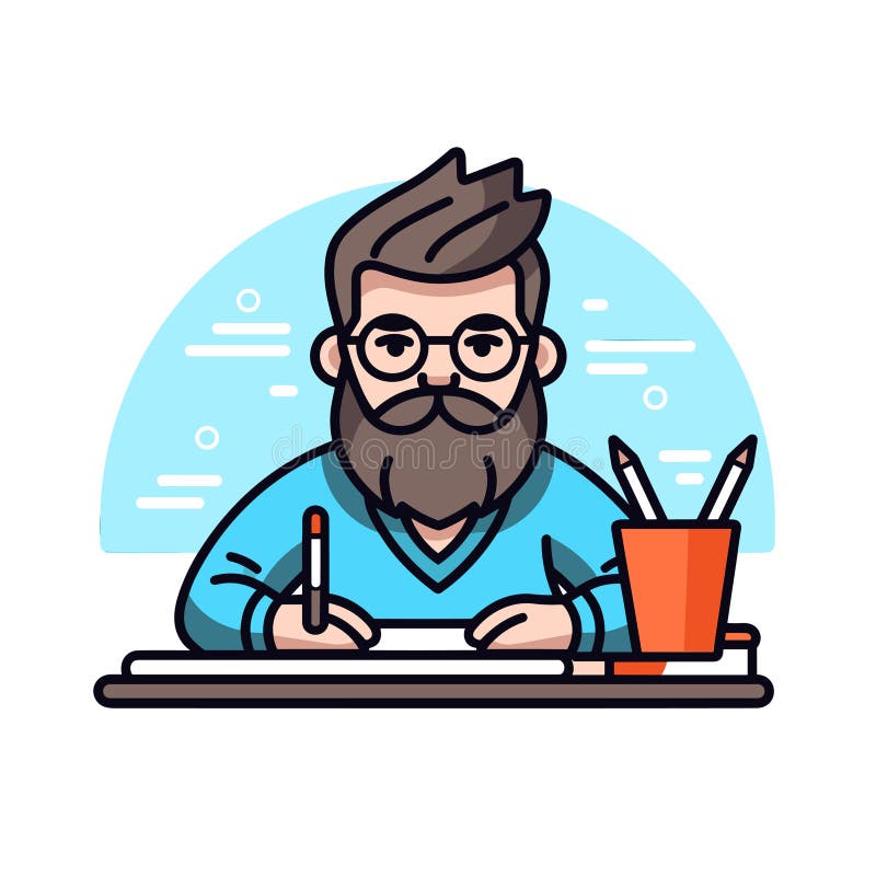 Vector of a Bearded Man Writing at a Desk in a Minimalist and Modern ...