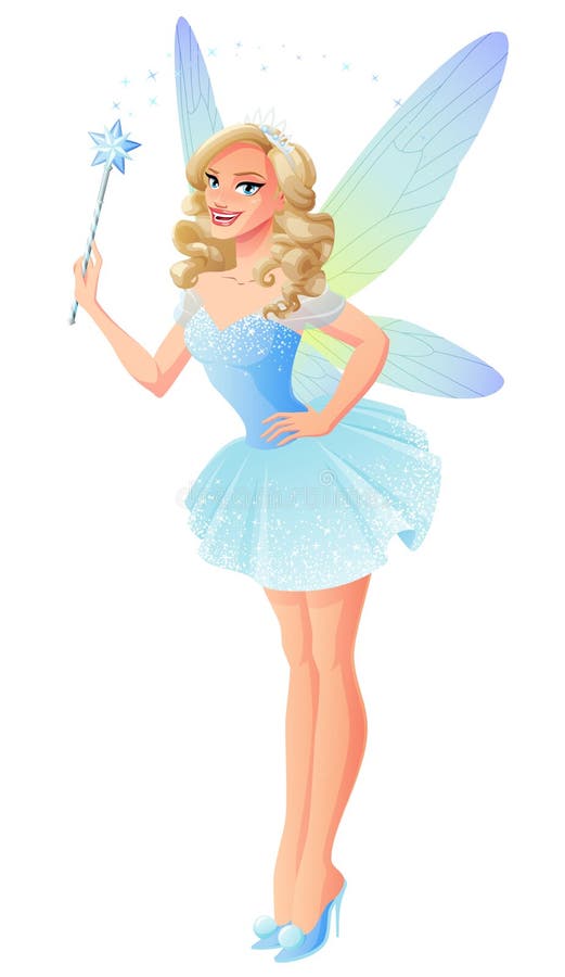 Vector Beautiful Tooth Fairy In Blue Dress With Magic Wand Stock