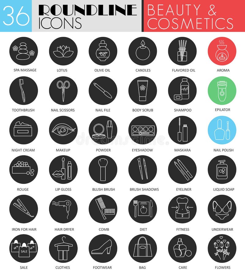 Vector Beauty Cosmetics Circle White Black Icon Set. Modern Line Black ...