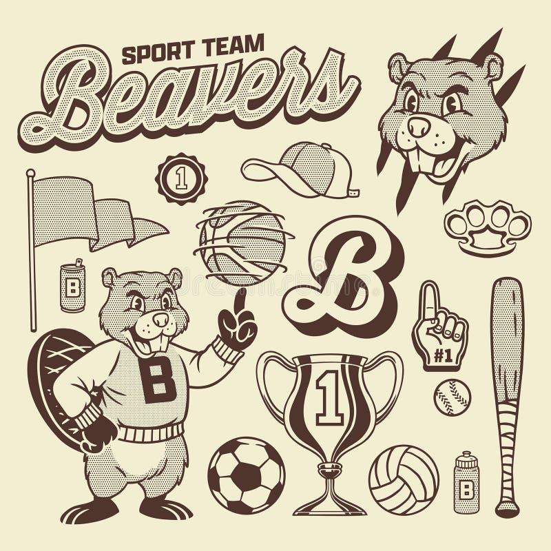 Beaver Mascot Vintage Hand Drawn Object Set Stock Vector - Illustration ...