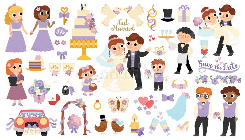 Vector Big Wedding Elements Set. Cute Marriage Clipart and Scenes with ...