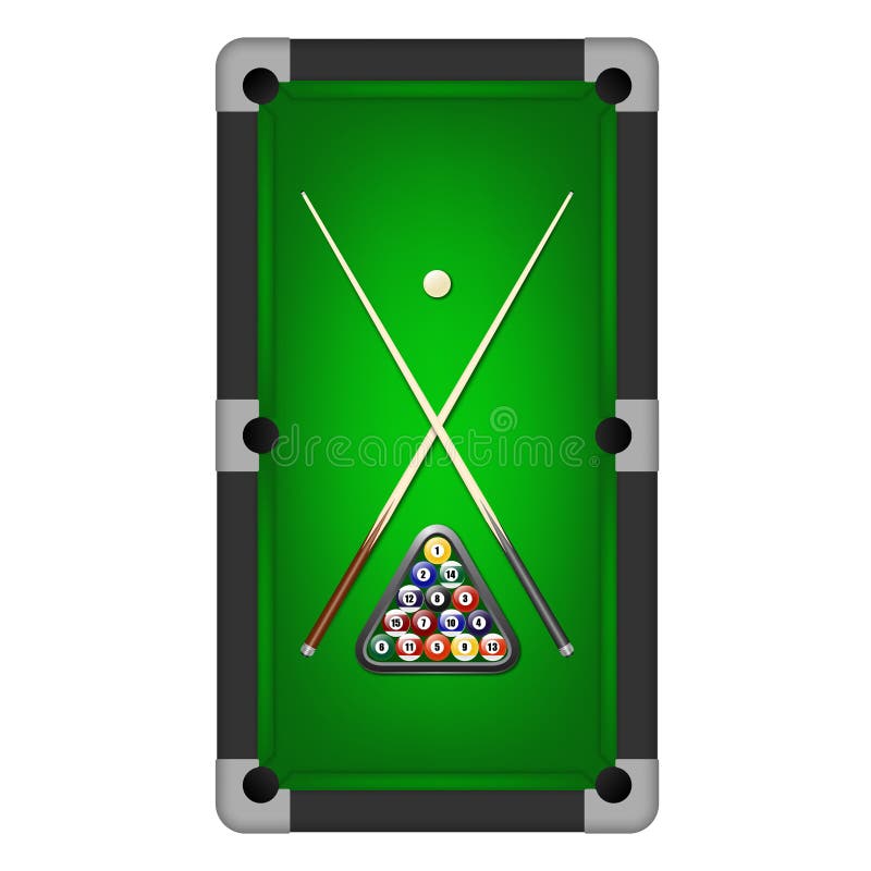 Vector Billiards Balls, Triangle and Two Cues on a Pool Table Stock ...