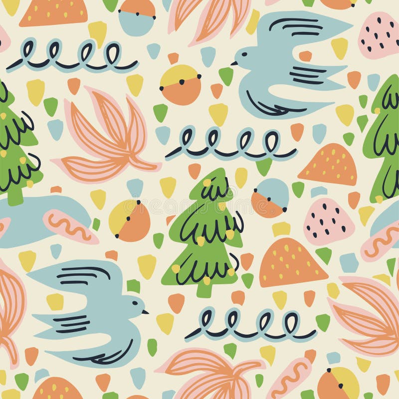 Vector Bird, Tree and Leaf Hand Drawing Illustration Motif Seamless ...