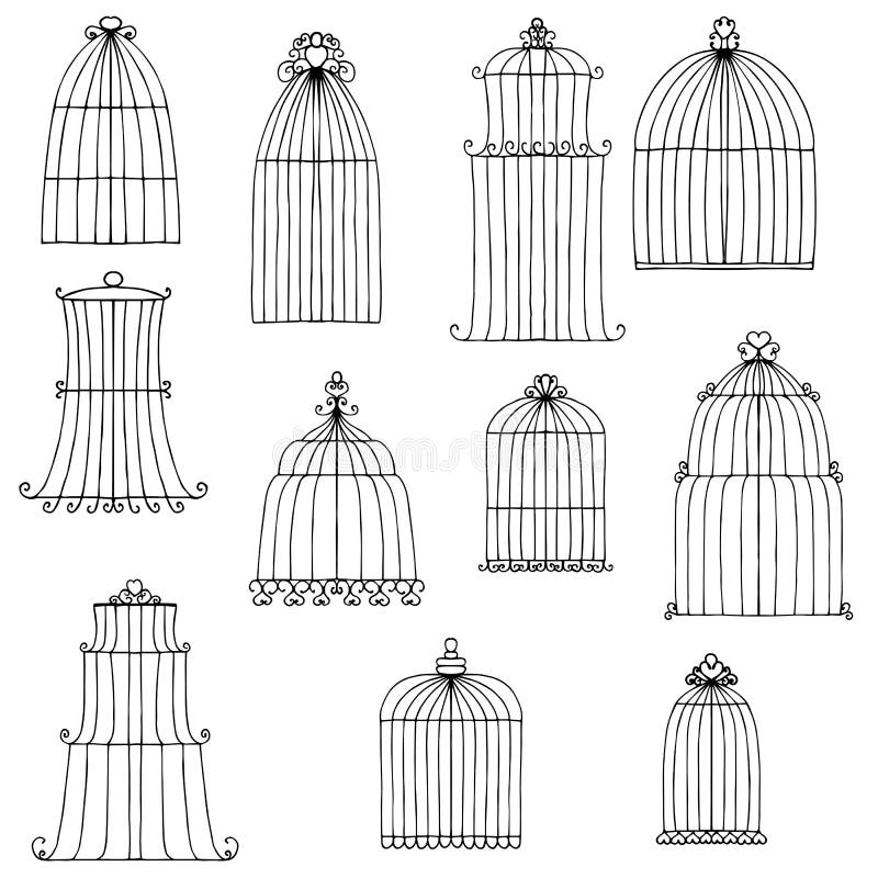 Set Of Hand Drawn Bird Cages Stock Vector - Illustration of hanging ...