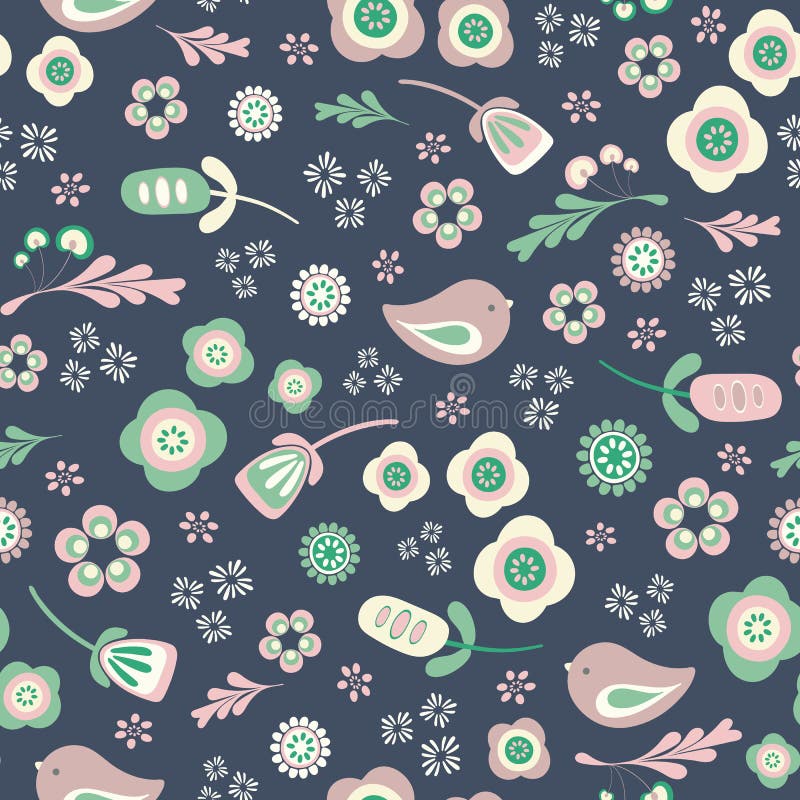Vector Birds and Floral Seamless Repeat Pattern Stock Illustration ...