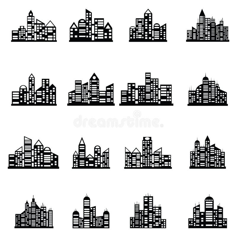 Vector Black City Icons Set Stock Vector - Illustration of architecture ...