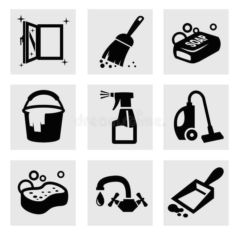 Vector Black Cleaning Icons Set on Gray Stock Vector - Illustration of ...