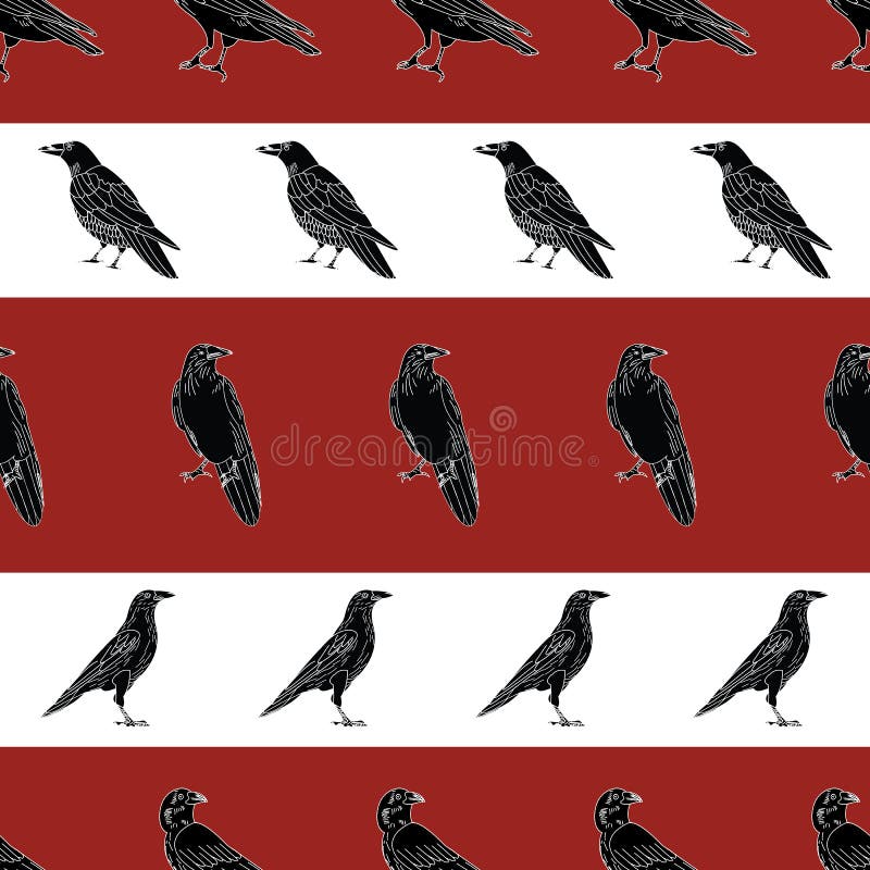 Vector Black Crows Ravens Birds on Red White Stripe Background Seamless ...
