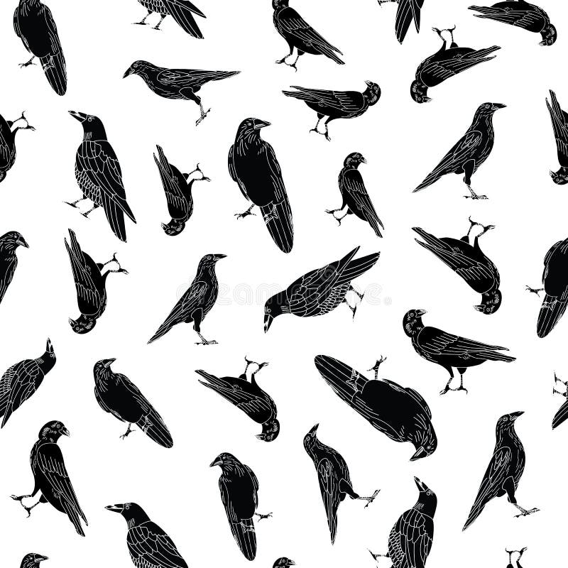 Vector Crows Ravens Birds on Gray Grey Background Seamless Repeat ...