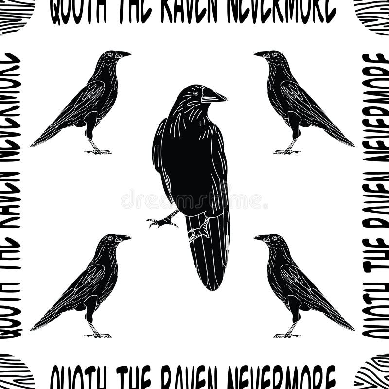 Vector Black Crows Ravens Birds on White with Poe Quote Seamless Repeat ...