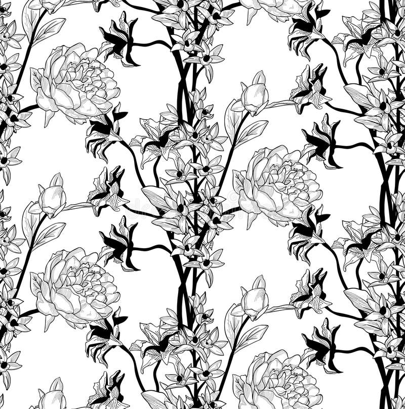Vector Black Seamless Pattern with Drawn Flowers, Peony Stock Vector ...