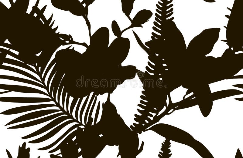 Black Shape Seamless Pattern With Drawn Flowers Plants Stock Vector ...