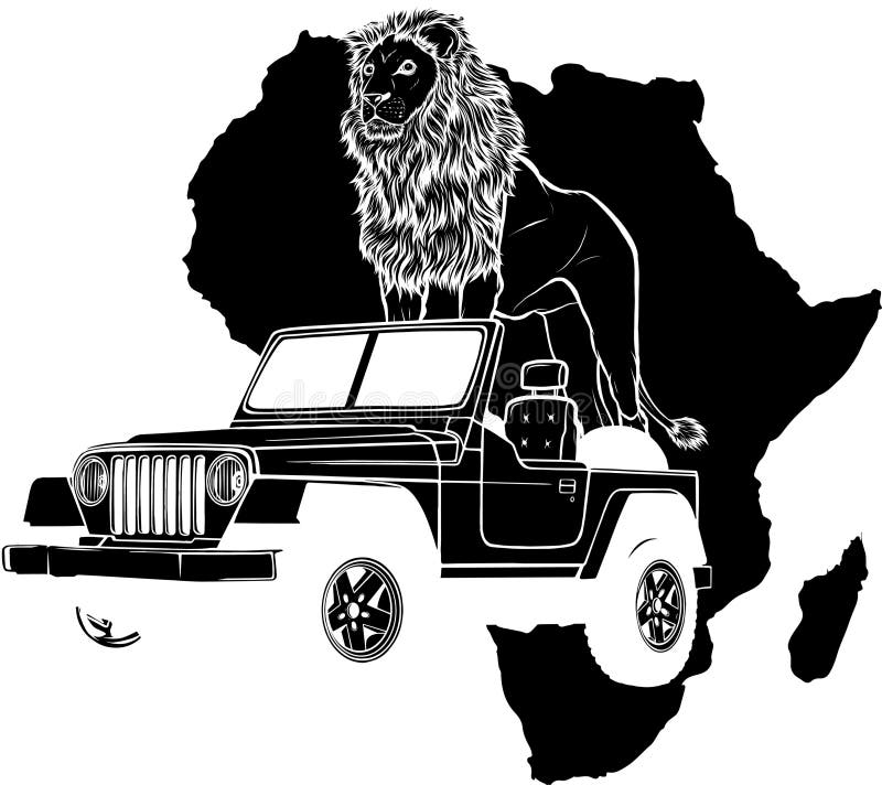 Vector Black Silhouette of Africa Silhouette with Lion and Jeep. Stock ...