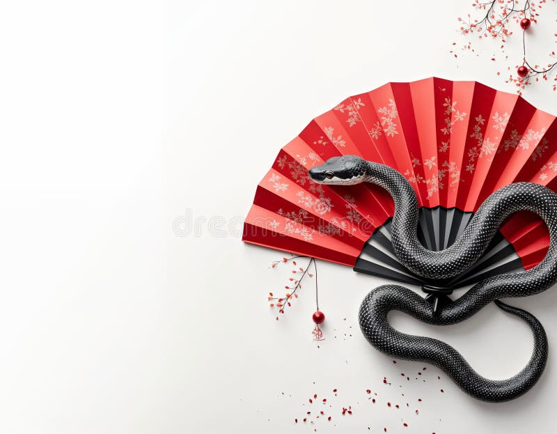 Vector of a Black Snake Winding on a Traditional Red Paper Fan with ...
