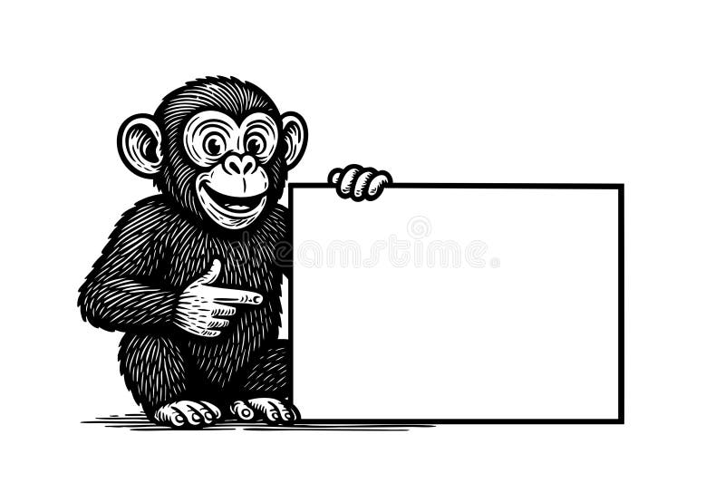 Vector of Black and White Illustration of a Monkey Holding a Blank ...