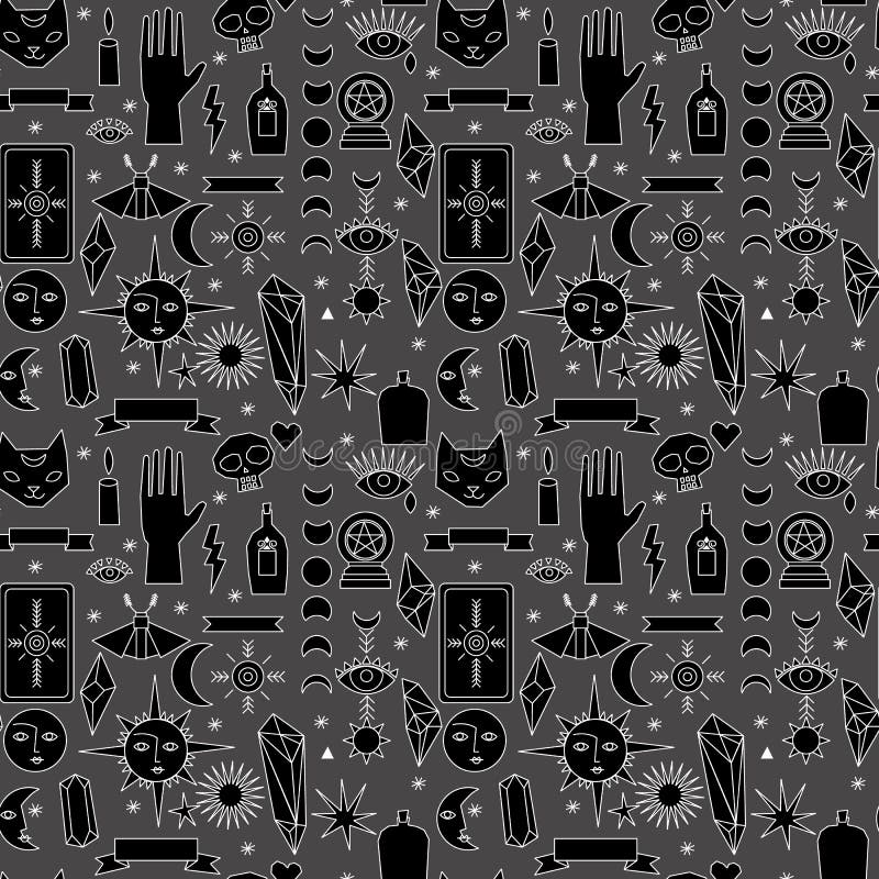 Vector Black and White Occult Witch and Magic Objects, Repeat Seamless ...