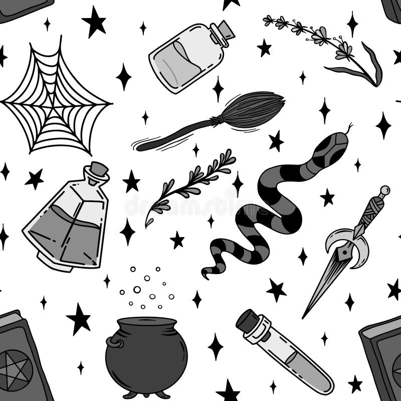 Vector Black and White Pattern with Magic and Occult Drawn Symbols ...