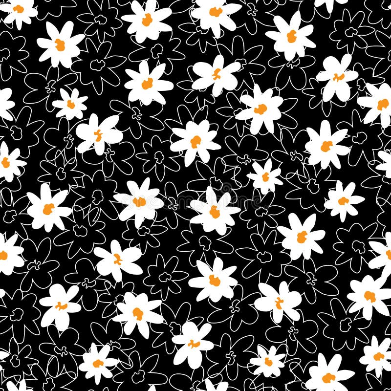 Vector Black and White Scattered Fun Daisy Flowers Repeat Pattern with ...